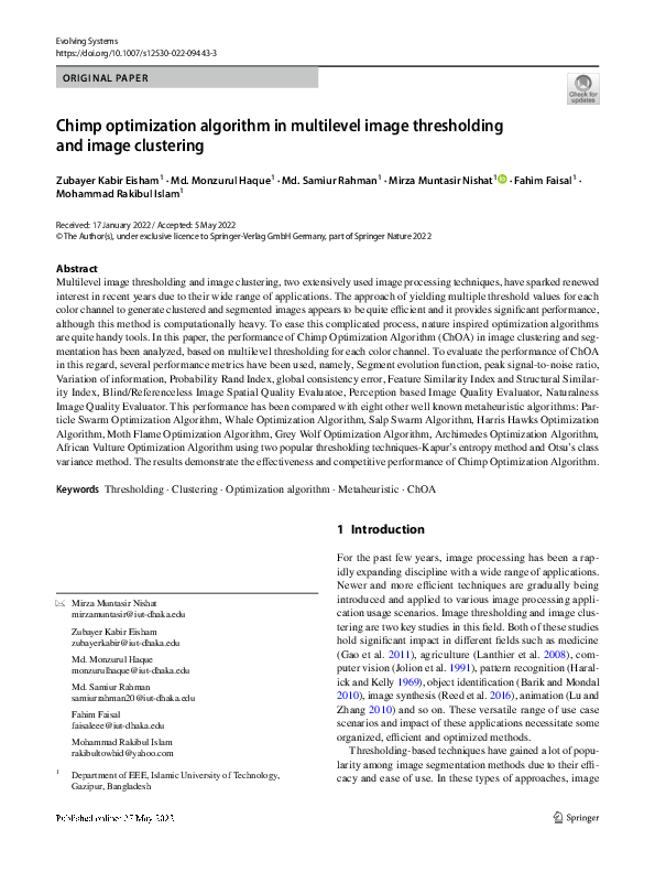 (PDF) Chimp optimization algorithm in multilevel image thresholding and image clustering