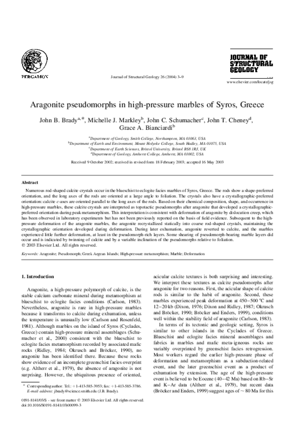 (PDF) Aragonite pseudomorphs in high-pressure marbles of Syros, Greece
