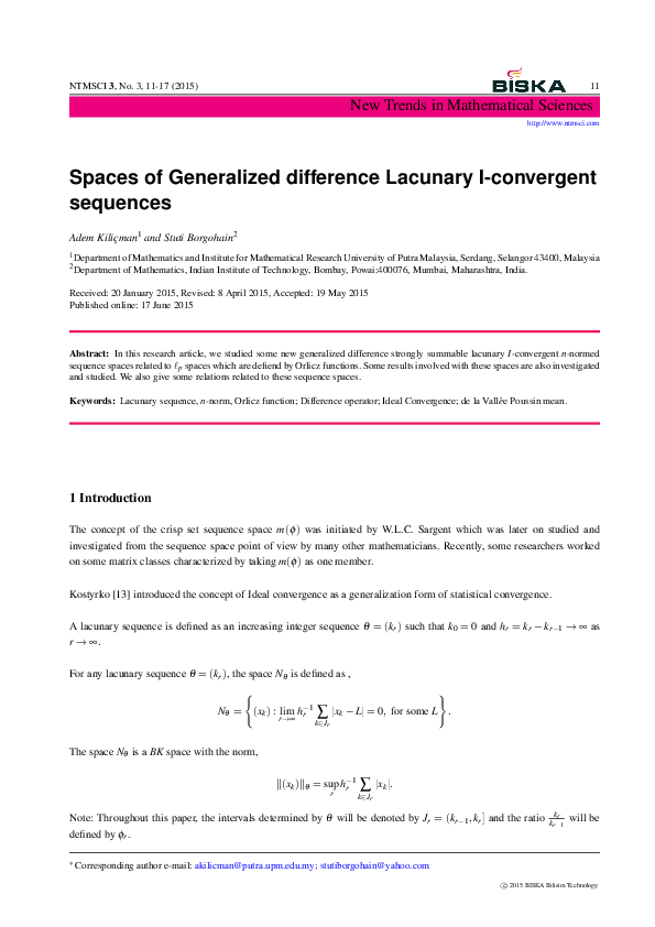 (PDF) New Trends in Mathematical Sciences Spaces of Generalized difference Lacunary I-convergent ...