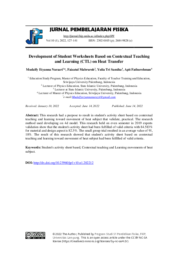 (PDF) Development of Student Worksheets Based on Contextual Teaching and Learning (CTL) on Heat ...
