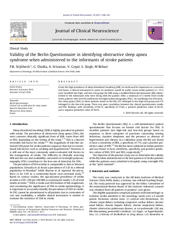 (PDF) Validity of the Berlin Questionnaire in identifying obstructive ...