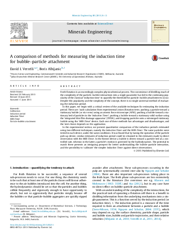 (PDF) A comparison of methods for measuring the induction time for bubble–particle attachment ...