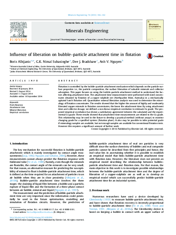(PDF) Influence of liberation on bubble–particle attachment time in flotation | Boris Albijanic ...