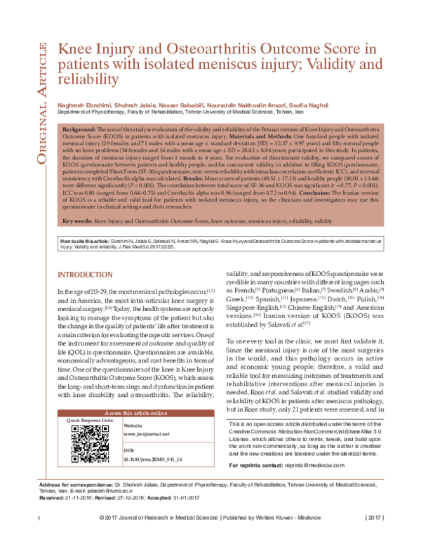 (PDF) Knee injury and osteoarthritis outcome score in patients with ...