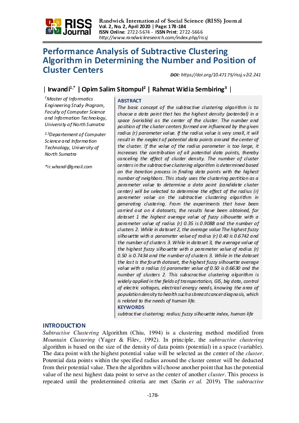 (PDF) Performance Analysis of Subtractive Clustering Algorithm in ...