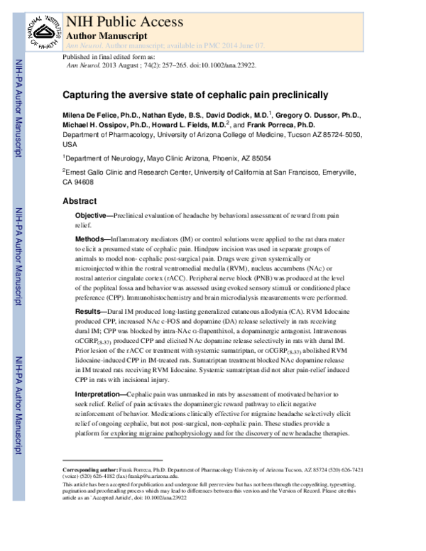 (PDF) Capturing the aversive state of cephalic pain preclinically