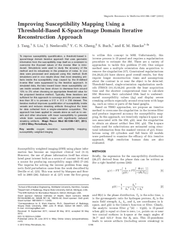 Pdf Improving Susceptibility Mapping Using A Threshold Based K Spaceimage Domain Iterative