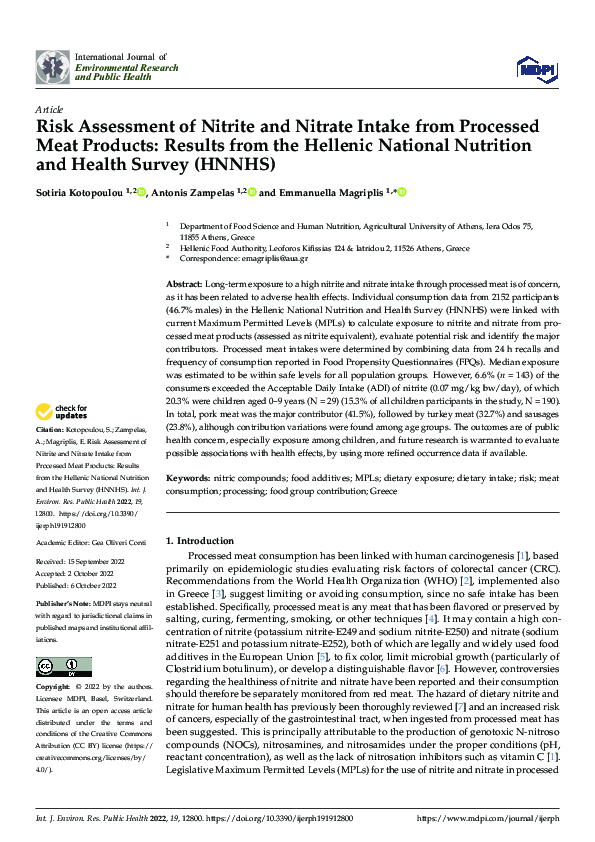Pdf Risk Assessment Of Nitrite And Nitrate Intake From Processed Meat Products Results From