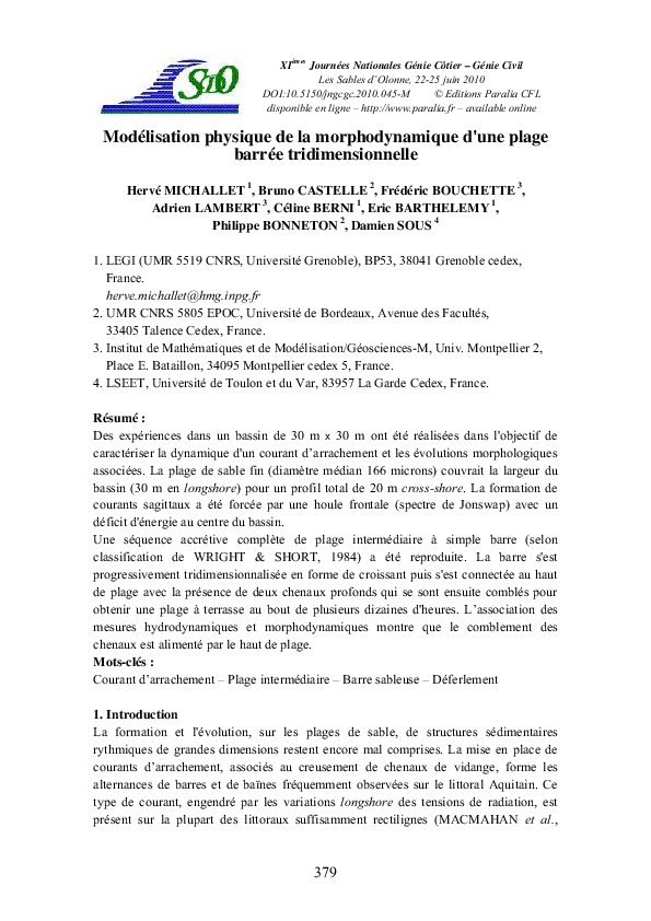 (PDF) Modélisation physique de la morphodynamique d'une plage barrée ...