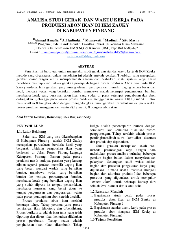 (PDF) Analisa Studi Gerak Dan Waktu Kerja Pada Produksi Abon Ikan DI Ikm Zauky DI Kabupaten Pinrang
