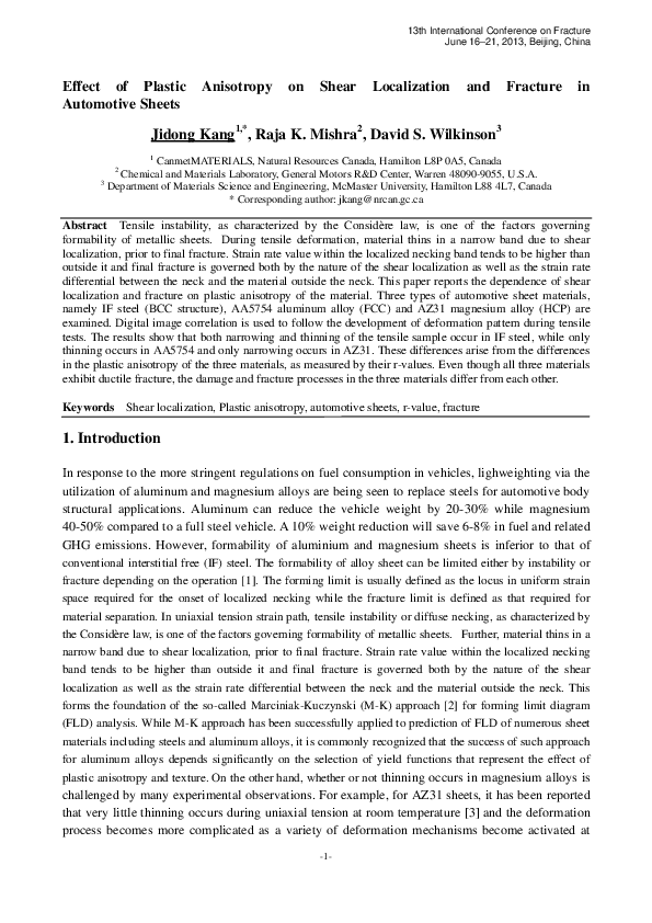 Pdf Effect Of Plastic Anisotropy On Shear Localization And Fracture In Automotive Sheets