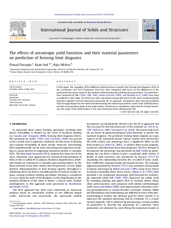 Pdf The Effects Of Anisotropic Yield Functions And Their Material Parameters On Prediction Of