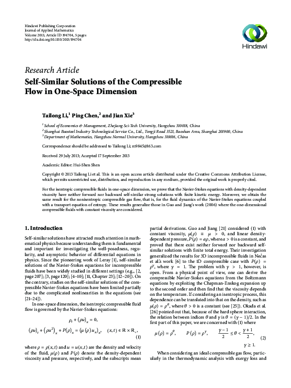 (PDF) Self-Similar Solutions of the Compressible Flow in One-Space Dimension