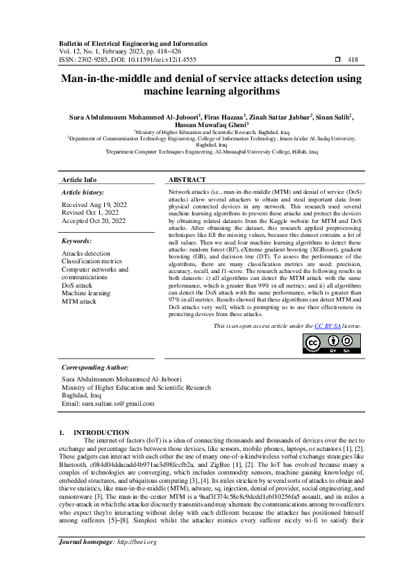 Pdf Man In The Middle And Denial Of Service Attacks Detection Using Machine Learning Algorithms