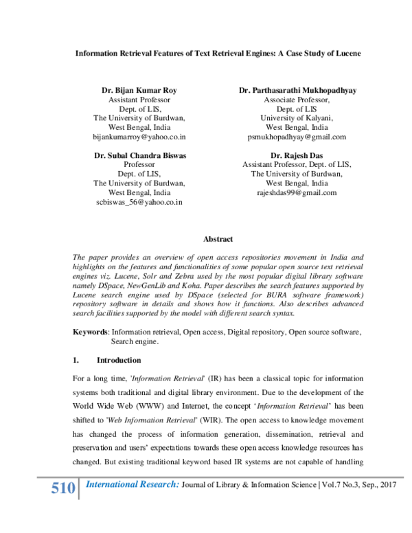 (PDF) Information Retrieval Features of Text Retrieval Engines: A Case ...