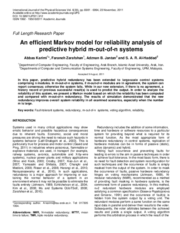 Pdf An Efficient Markov Model For Reliability Analysis Of Predictive Hybrid M Out Of N Systems