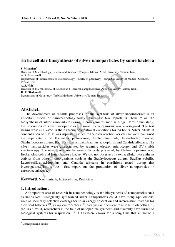 (PDF) Extracellular biosynthesis of silver nanoparticles by some bacteria