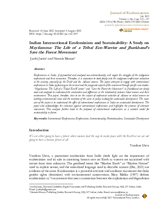 (PDF) Indian Intersectional Ecofeminism and Sustainability: A Study on ...