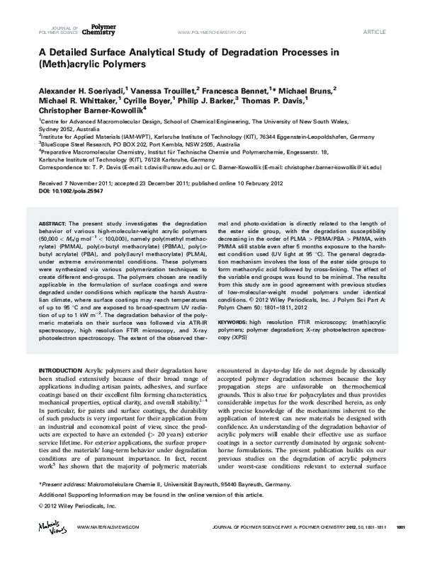 (PDF) A detailed surface analytical study of degradation processes in (meth)acrylic polymers ...