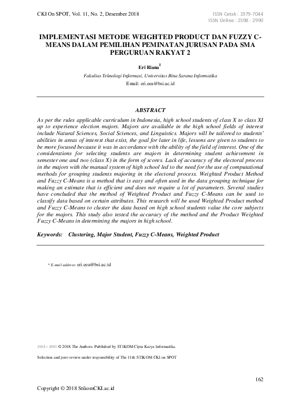 Implementasi Metode Weighted Product Dan Fuzzy C- Means Dalam Pemilihan ...