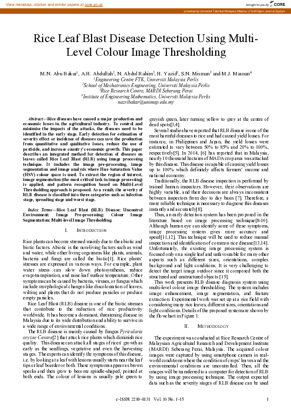(PDF) Rice Leaf Blast Disease Detection Using Multi-Level Colour Image Thresholding