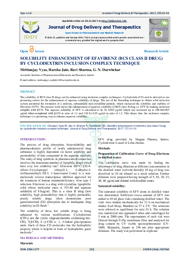 (PDF) Solubility Enhancement of Efavirenz (BCS Class II Drug) by Cyclodextrin Inclusion Complex ...