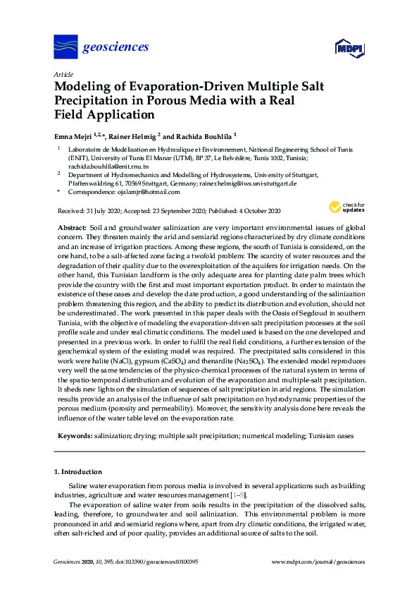 Pdf Modeling Of Evaporation Driven Multiple Salt Precipitation In Porous Media With A Real