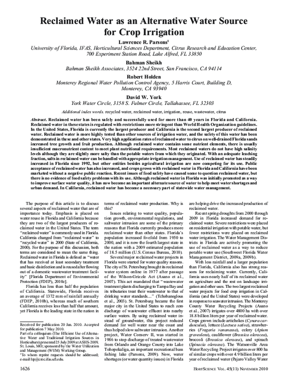 (PDF) Reclaimed Water as an Alternative Water Source for Crop Irrigation