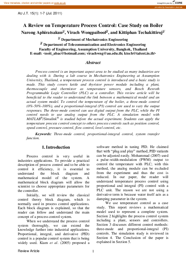 (PDF) A Review on Temperature Process Control: Case Study on Boiler