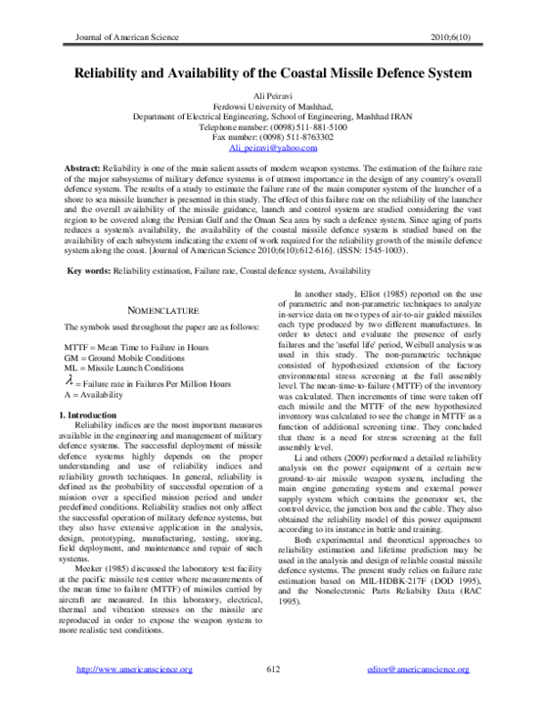 (PDF) Reliability and Availability of the Coastal Missile Defence System