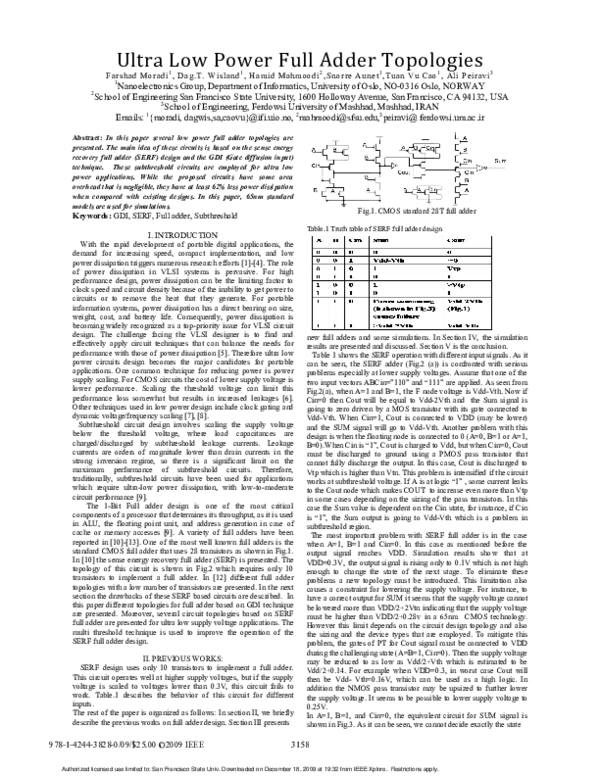 (PDF) Ultra low power full adder topologies