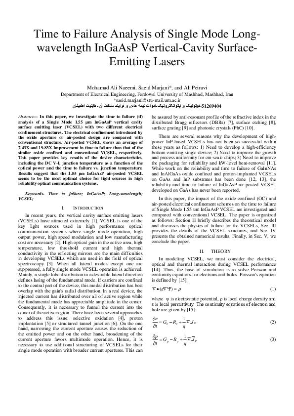 (PDF) Time to failure analysis of single mode long-wavelength InGaAsP vertical-cavity surface ...