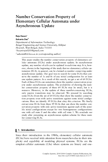 (PDF) Number Conservation Property of Elementary Cellular Automata under Asynchronous Update