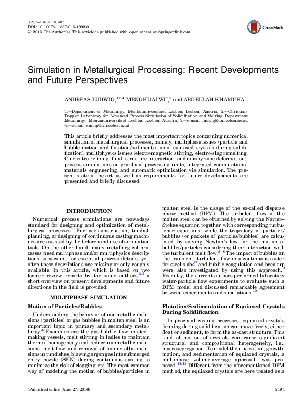 (PDF) Simulation in Metallurgical Processing: Recent Developments and Future Perspectives