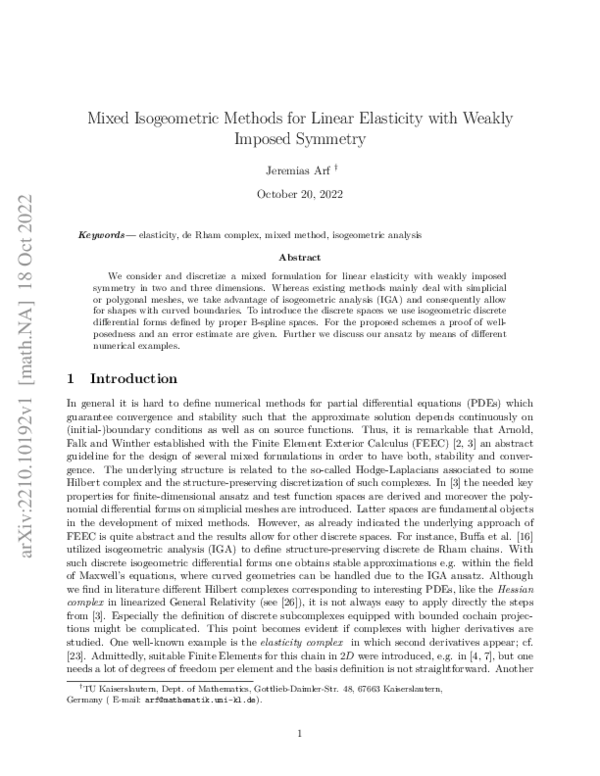 (PDF) Mixed Isogeometric Methods for Linear Elasticity with Weakly Imposed Symmetry