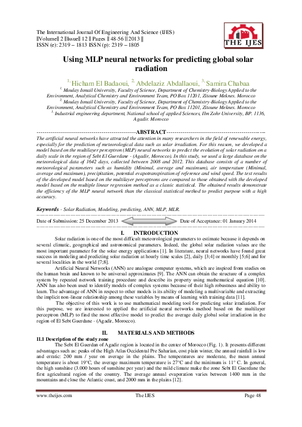 Pdf Using Mlp Neural Networks For Predicting Global Solar Radiation