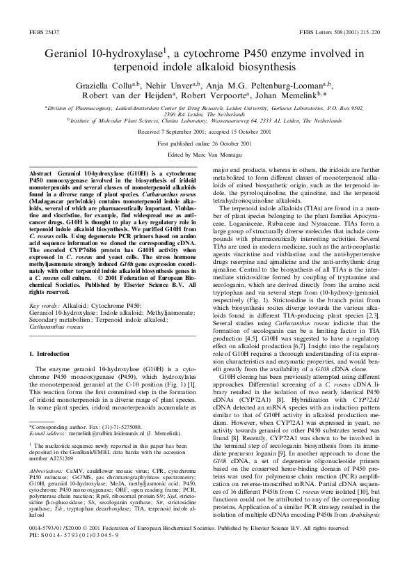 (PDF) Geraniol 10-hydroxylase1, a cytochrome P450 enzyme involved in ...