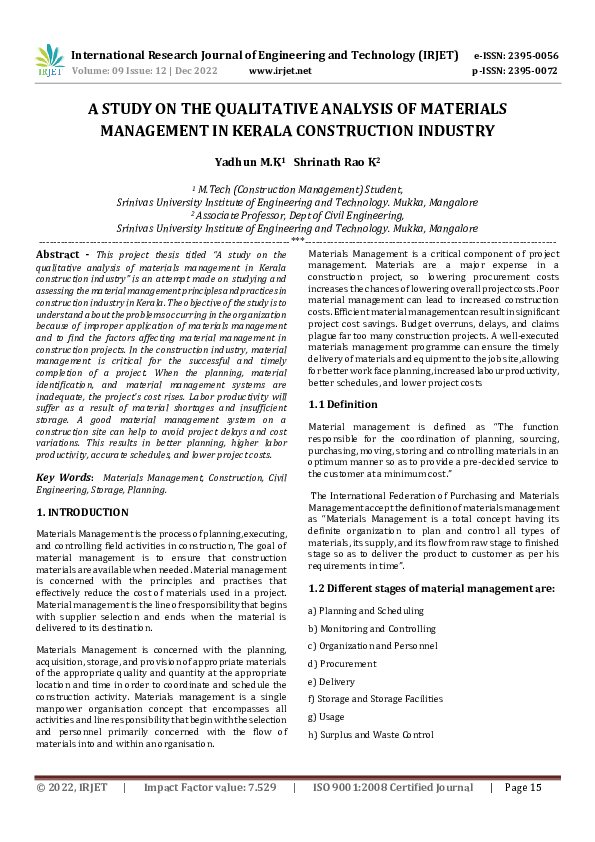 (PDF) A STUDY ON THE QUALITATIVE ANALYSIS OF MATERIALS MANAGEMENT IN ...