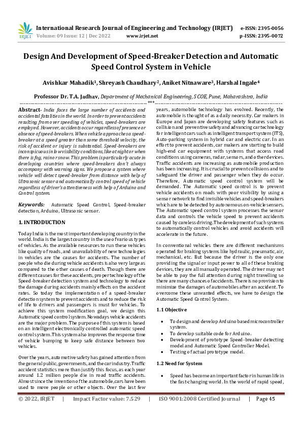 Pdf Design And Development Of Speed Breaker Detection And Automatic Speed Control System In