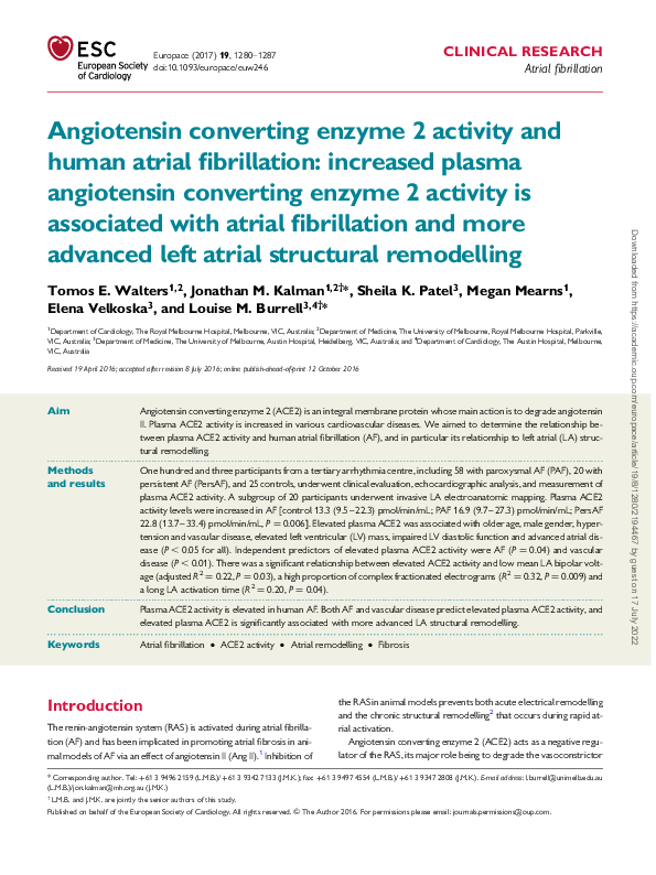 (PDF) Angiotensin converting enzyme 2 activity and human atrial ...