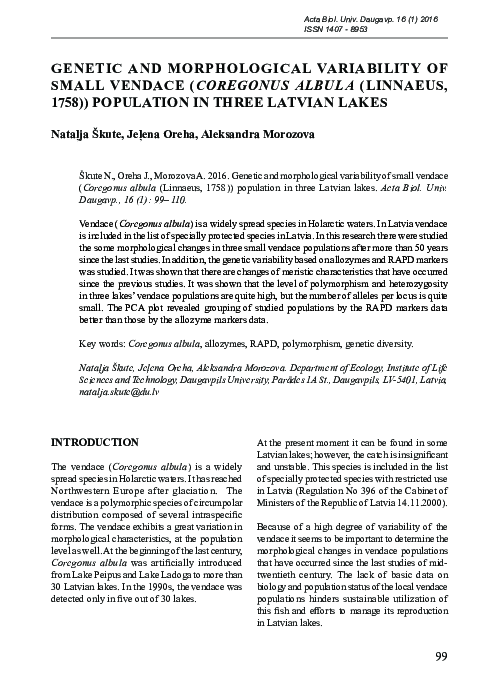 (PDF) Genetic and Morphological Variability of Small Vendace ...