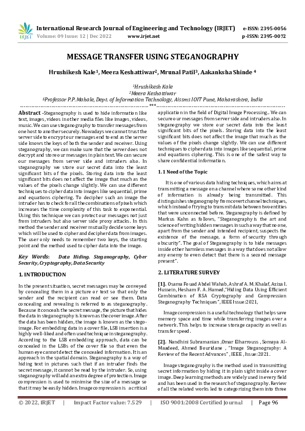 (PDF) MESSAGE TRANSFER USING STEGANOGRAPHY
