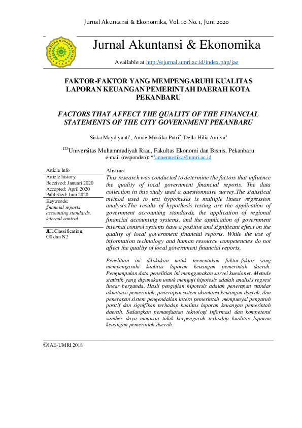 (PDF) Faktor-Faktor Yang Mempengaruhi Kualitas Laporan Keuangan Pemerintah Daerah Kota Pekanbaru
