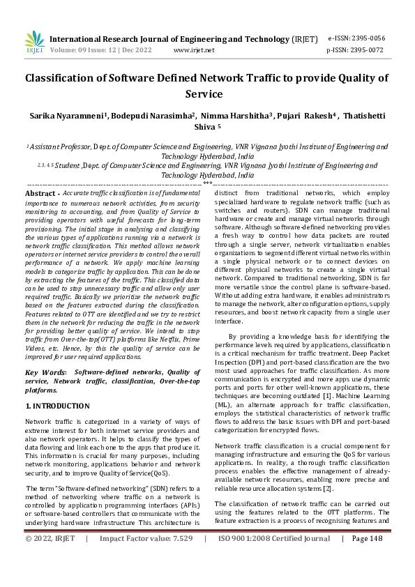 (PDF) Classification of Software Defined Network Traffic to provide Quality of Service | IRJET ...