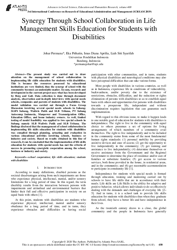 (PDF) Synergy Through School Collaboration in Life Management Skills Education for Students with ...