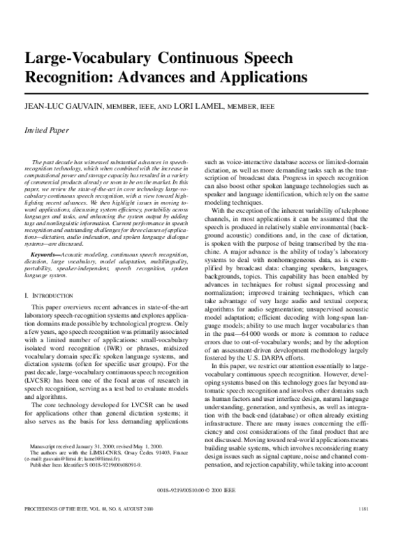 (PDF) Large-vocabulary continuous speech recognition: advances and applications