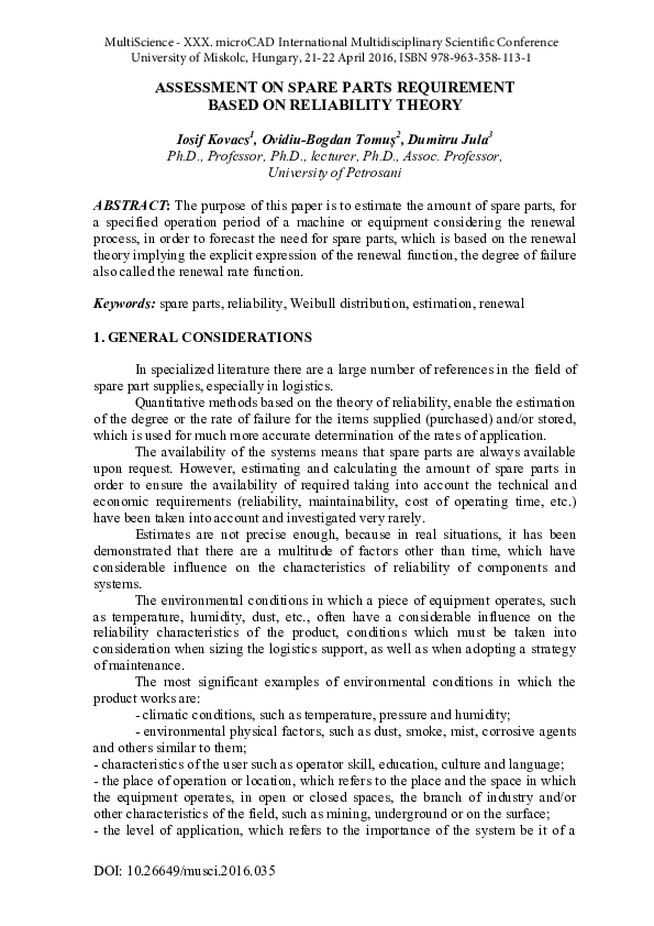 (PDF) Assessment on Spare Parts Requirement Based on Reliability Theory