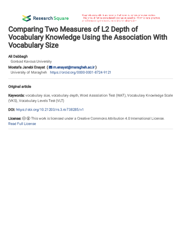 (PDF) Comparing Two Measures of L2 Depth of Vocabulary Knowledge Using ...