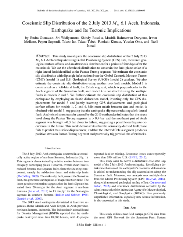 (PDF) Coseismic Slip Distribution of the 2 July 2013 Mw 6.1 Aceh, Indonesia, Earthquake and Its ...