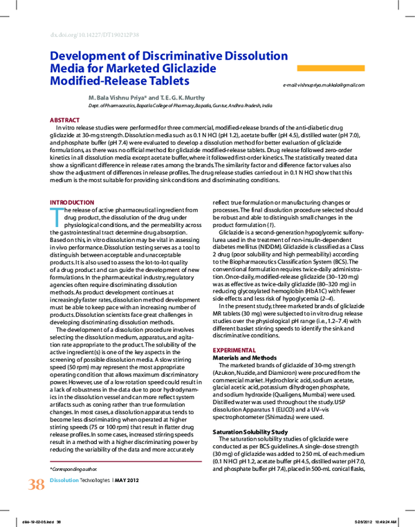 (PDF) Development of Discriminative Dissolution Media for Marketed Gliclazide Modified-Release ...